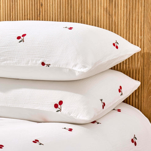 Cherry Embroidery Cotton Muslin Duvet Cover & Pillowcase Set - White – DUSK