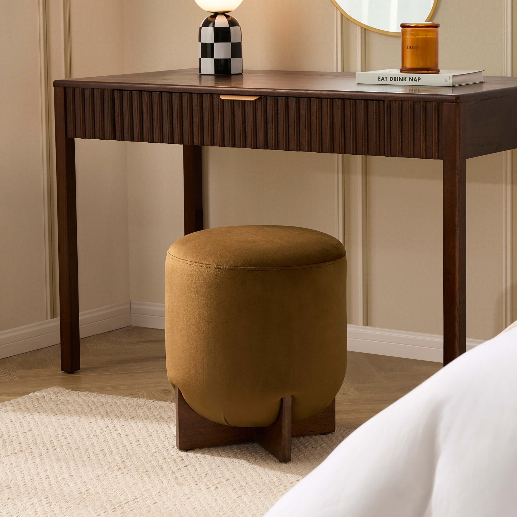 Hazel Wood Detail Stool - Muted Gold – DUSK