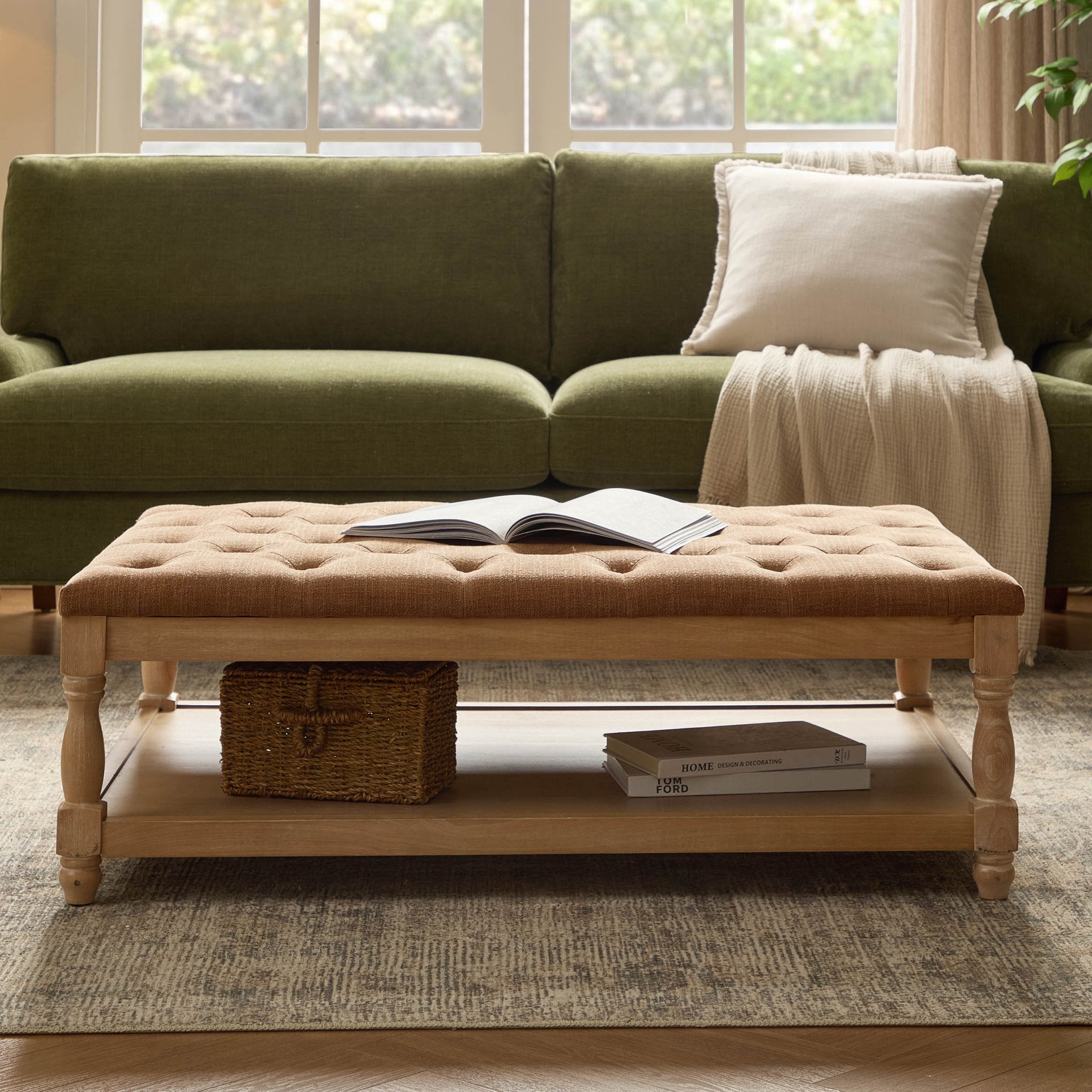 Knaresborough Button Back Coffee Table Pouffe - Chenille Caramel – DUSK