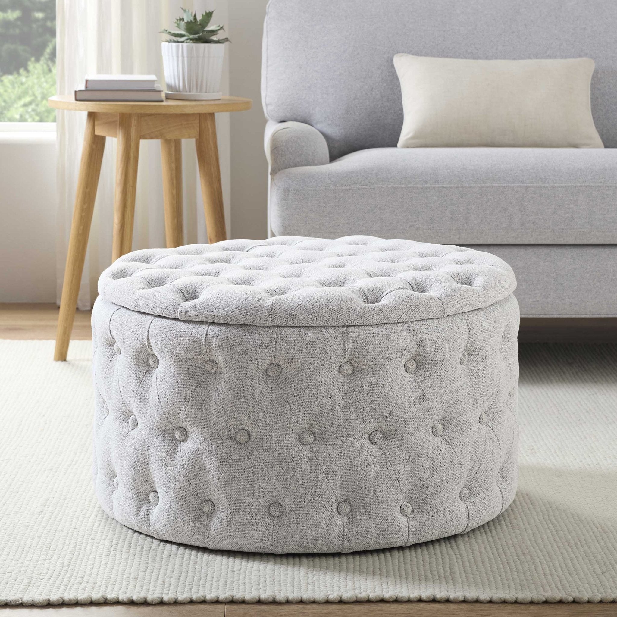 Paisley Buttoned Round Storage Pouffe - Light Grey – DUSK