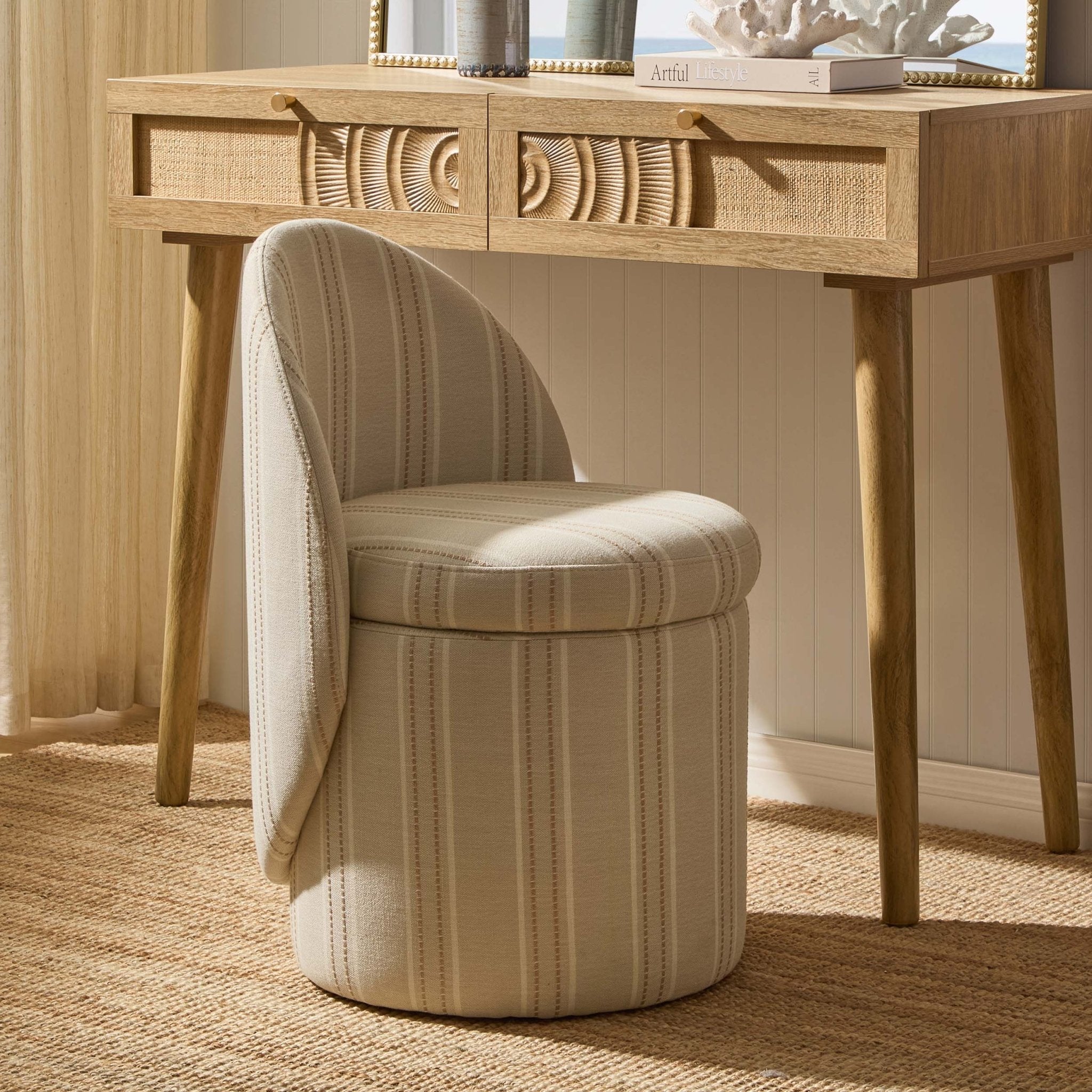 Primrose Dressing Table Storage Stool - Natural Stitched Stripe – DUSK
