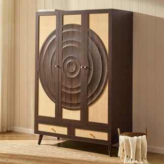 Raven Rattan 3 Door Wardrobe with Drawers - Walnut – DUSK