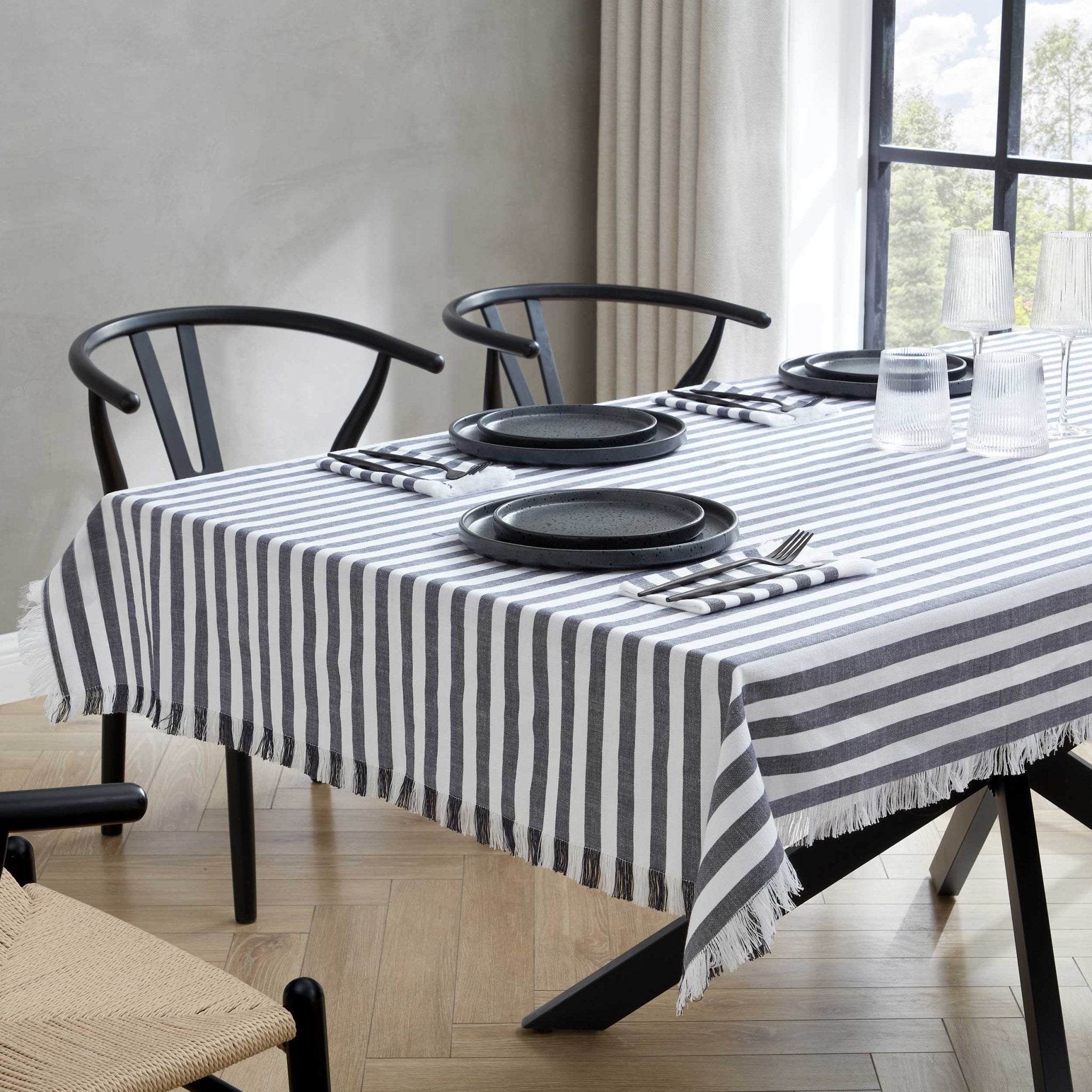 Stripe Fringed Edge Tablecloth - Navy – DUSK